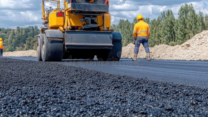 Road Paver Machine Laying Fresh Asphalt on Highway Construction Site ...