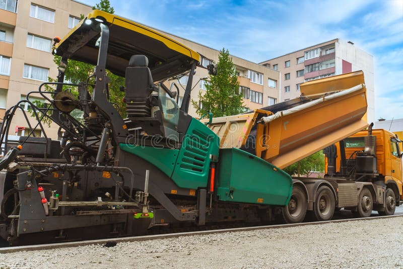 Road Paving Machine Stacking Asphalt Stock Image - Image of public ...
