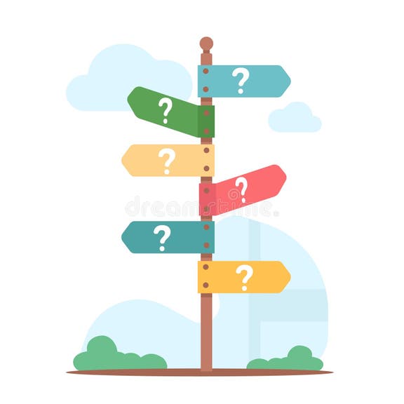 Road Pointer Stick with Signs of Different Directions. Question Marks ...