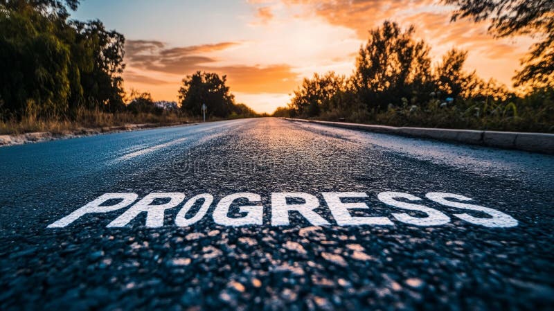 Road with Progress Text Leading into Sunset Horizon Stock Image - Image ...