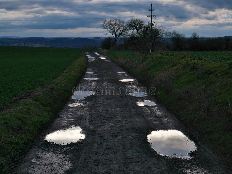 Dirt Road with Puddles after Rain Stock Image - Image of clouds, rain ...