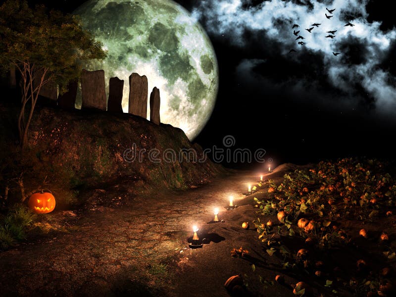 Road through Pumpkins Field Stock Illustration - Illustration of stone ...