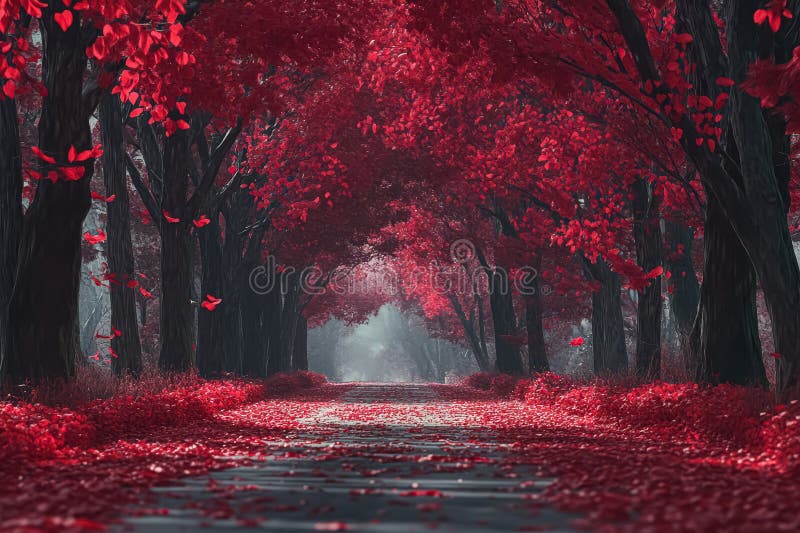 Road with Red Trees Lining it. Stock Photo - Image of light, landscape ...