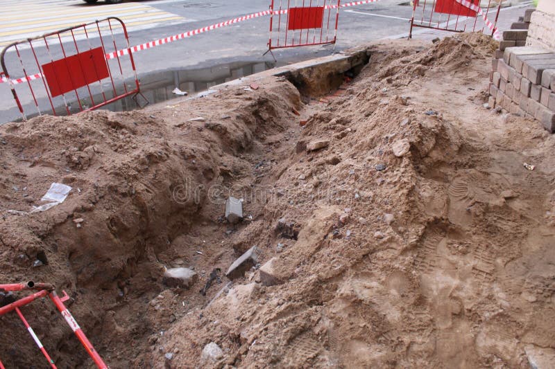 Road Repair Excavated Pit with Cinnamon Sand and Clay Stock Image ...