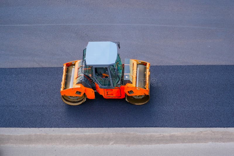 Road Repair Road Roller Machine Rolls Asphalt City Street, Aerial View ...