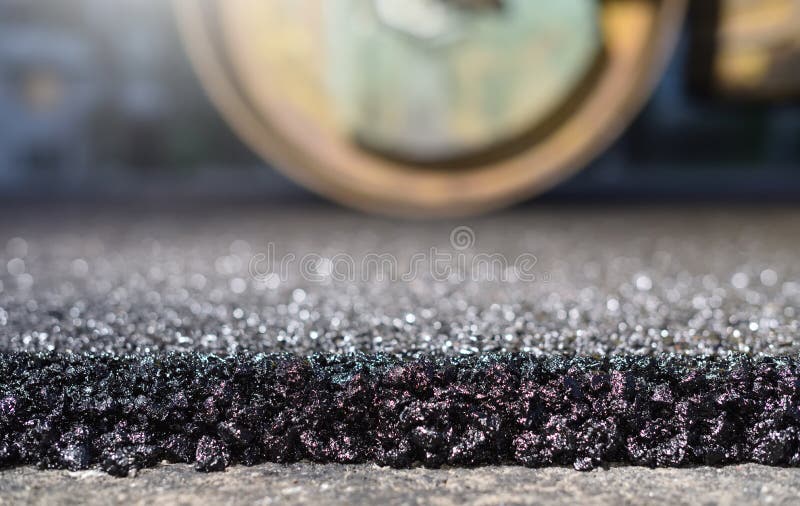 Road Repair, Thin Layer of New Asphalt Close-up and Road Roller Stock ...