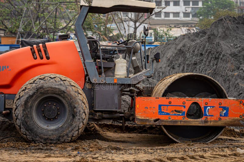 Road Repairing Roller Compactor Car at Work . Roadways Construction ...