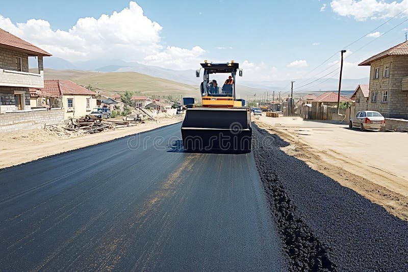 Road Roller Applying a New Layer of Asphalt on a Street Stock Image ...