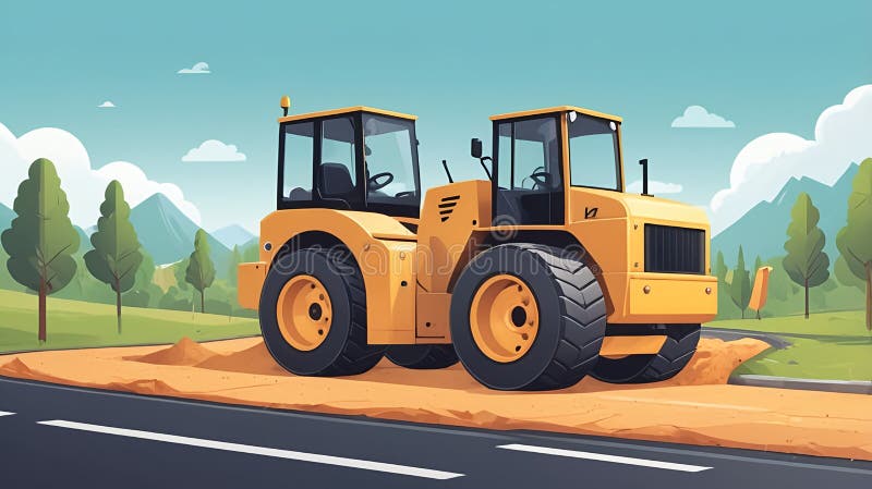 Road Roller on Road Cartoon Style Stock Illustration - Illustration of ...