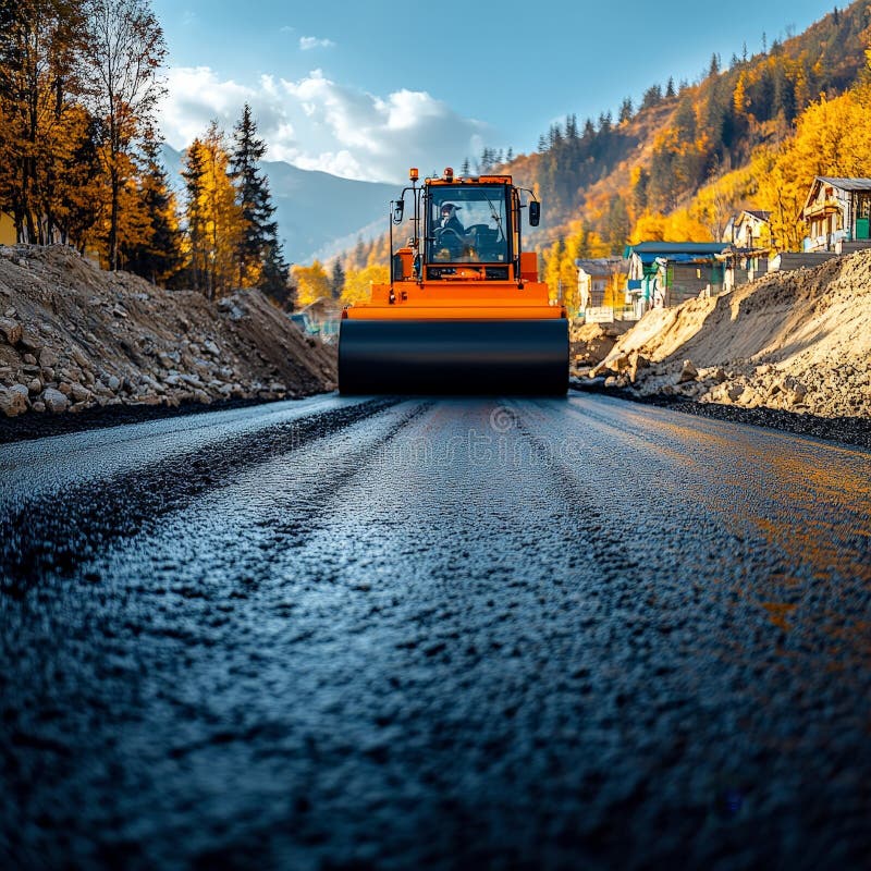 Road Roller Compacting Asphalt on Road Construction Site Stock ...