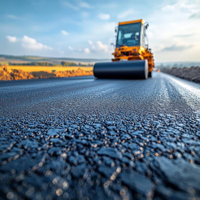 Road Roller Compacting Fresh Asphalt on a Construction Site with Clear ...