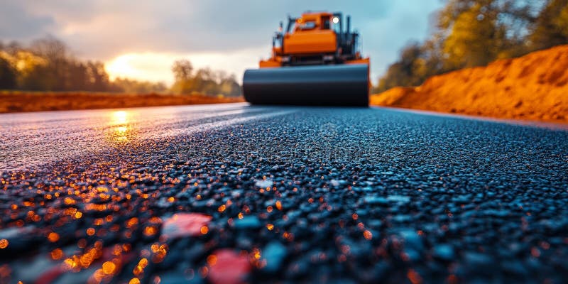 Road Roller Compacting Fresh Asphalt on a Construction Site with Clear ...