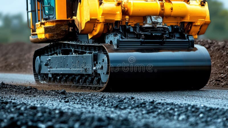 Road Roller Compacting Fresh Asphalt on Highway Construction Site Stock ...