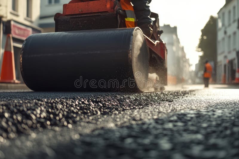 A Road Roller Compacts Asphalt on a Street, Showcasing Construction and ...