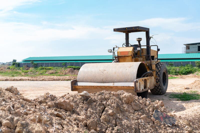Yellow Roadroller in Place of Future Construction Stock Photo - Image ...