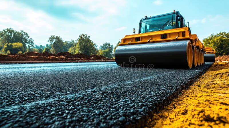 Road Roller Flattening New Asphalt. Heavy Vibration Roller at Work ...