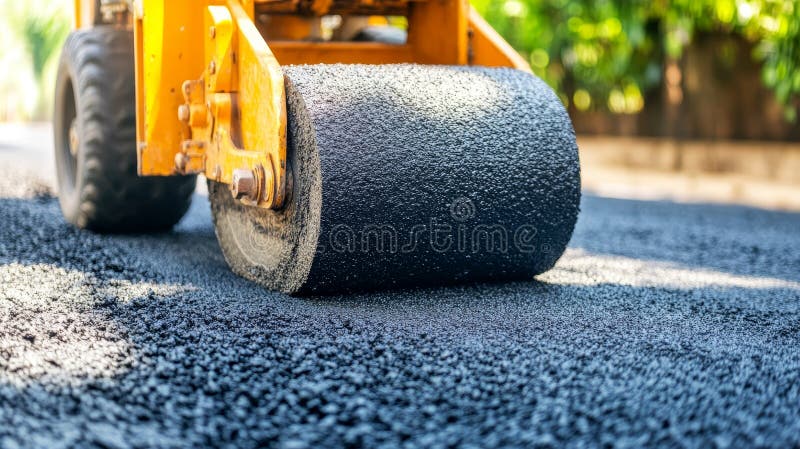Road Roller Machine in Action, Applying a Fresh Layer of Asphalt ...