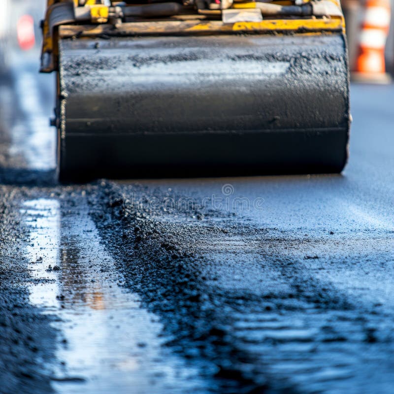 Road Roller Machine Leveling Fresh Asphalt, Road Construction and ...