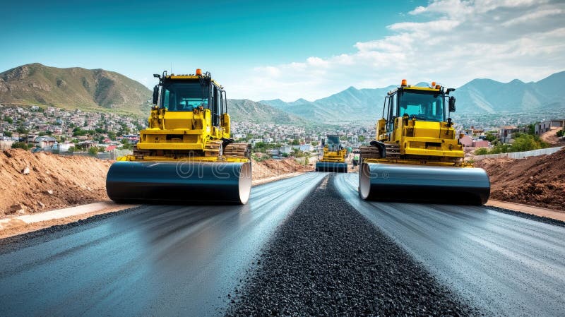 Road Rollers Compacting Fresh Asphalt on a Highway Construction Site ...