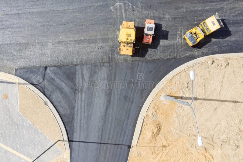 Road Rollers Leveling Asphalt on Road. Aerial Top View Stock Image ...