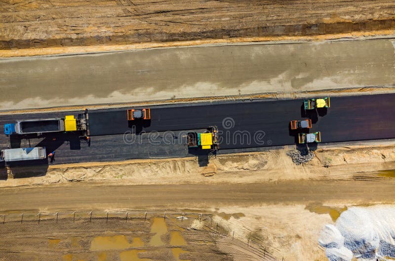 Road Rollers Working on the Construction Site Aerial View Stock Image ...