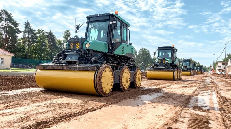 Road Rollers Working on a New Road Construction Site Stock Illustration ...