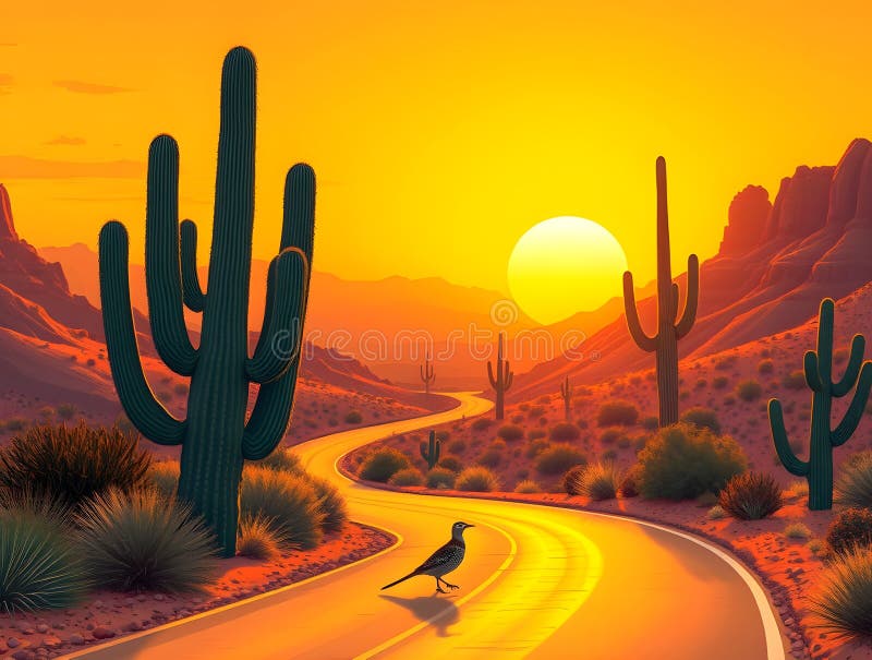 Road Runner Bird is Walking on a Road in the Desert Stock Illustration ...