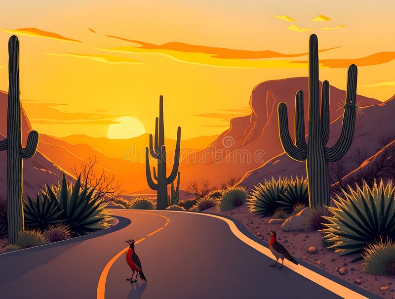 Road Runner Bird is Walking on a Road in the Desert Stock Illustration ...