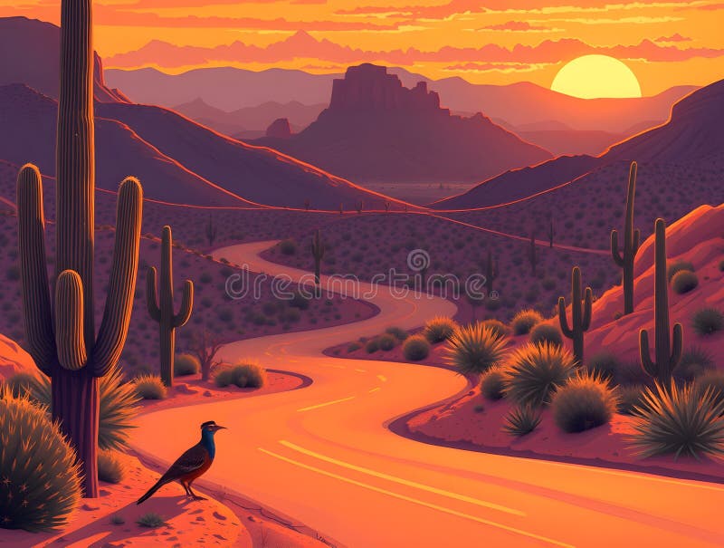 Road Runner Bird is Walking on a Road in the Desert Stock Illustration ...