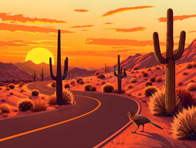 Road Runner Bird is Walking on a Road in the Desert Stock Illustration ...