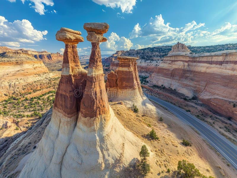 A Road Runs through a Desert with Three Rock Formations on Either Side ...