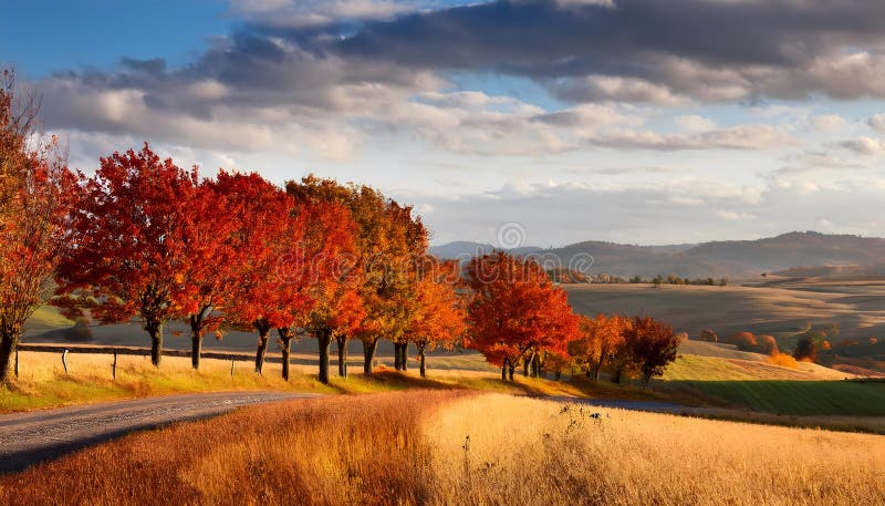 A Road Runs through a Field of Autumn Leaves Stock Illustration ...
