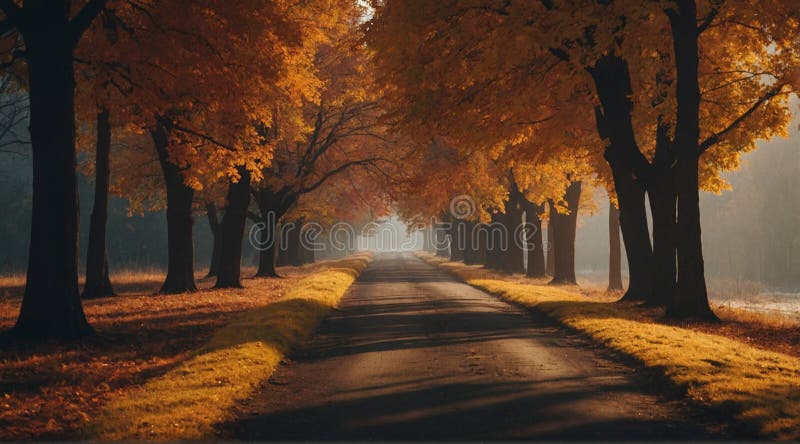 Tree-Lined Road in Autumn stock illustration. Illustration of trees ...