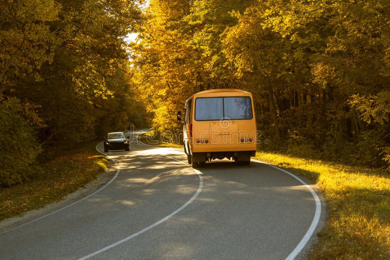 Road with School Bus in Beautiful Autumn Forest at Sunset Stock Image ...