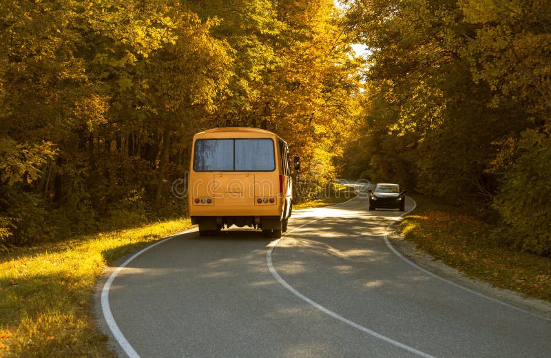 Road with School Bus in Beautiful Autumn Forest at Sunset Stock Image ...