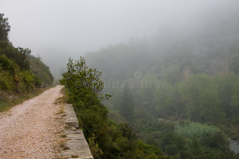 Road of the Serpis Route in Lorcha with Fog in the Riverbed Stock Photo ...