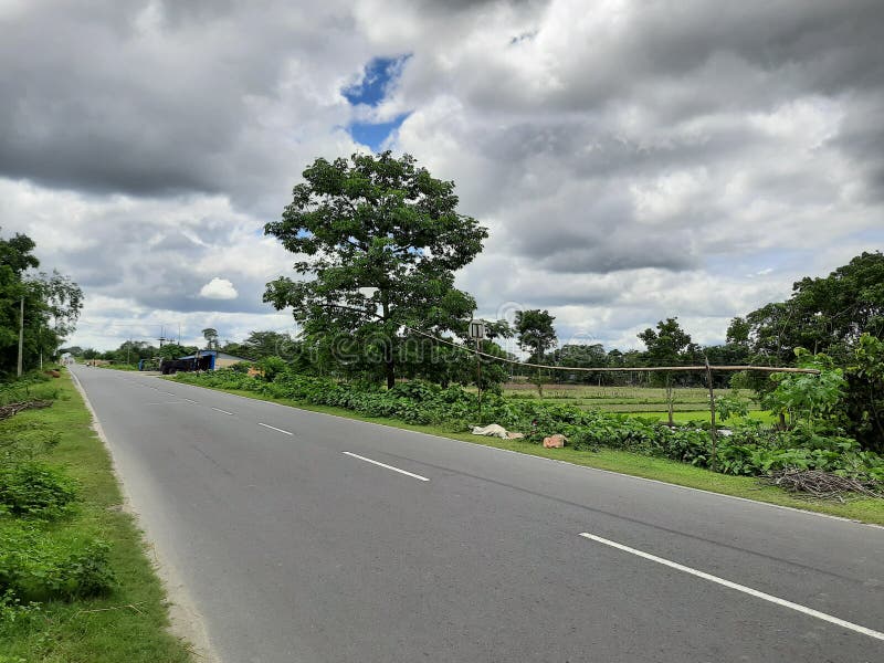 The Road,road Side Trees,the Cloudy Sky Stock Photo - Image of grass ...