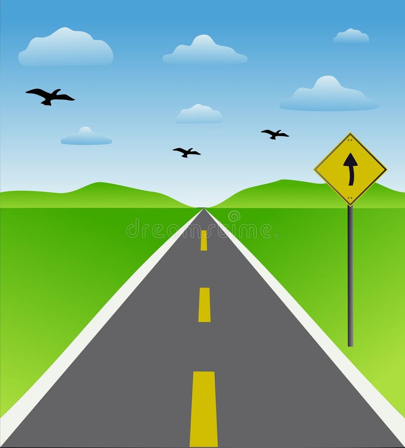 Long Road with Blank Yellow Sign Stock Illustration - Illustration of ...