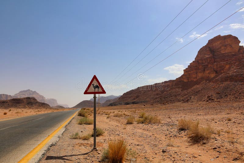 Road Sign Along a Desert Road in Wadi Rum Stock Image - Image of arab ...