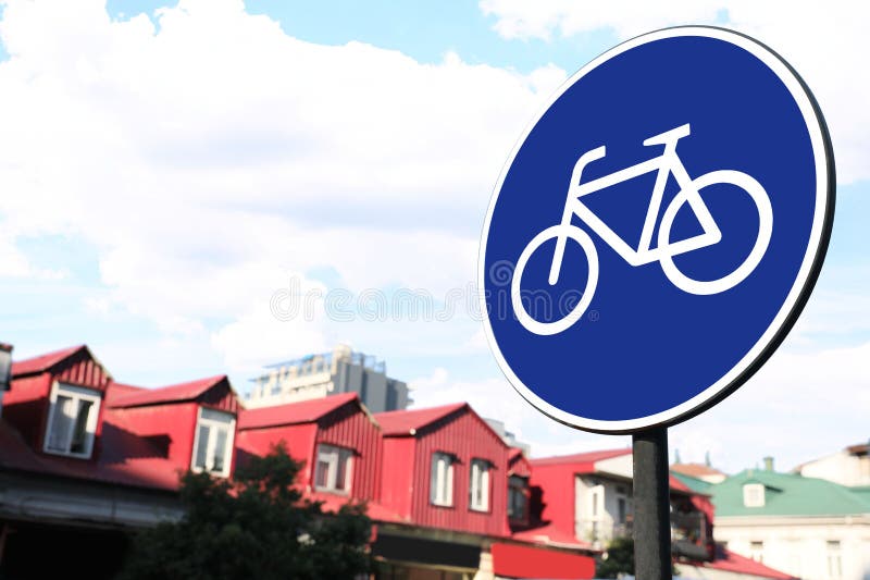 Road Sign Cycleway Under Blue Sky in City Stock Photo - Image of ...