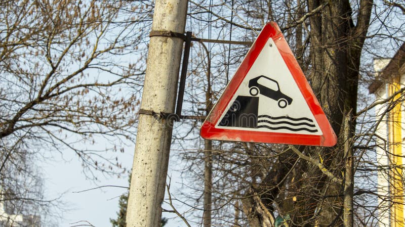 Road Sign Danger of Falling from the Bridge into the Water Stock Image ...