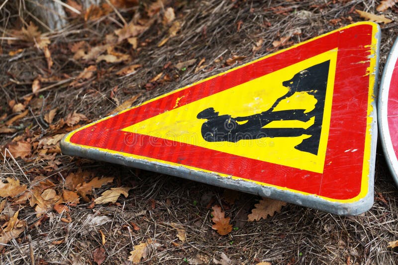 Road Sign Earthworks Lying on the Ground Close-up Stock Image - Image ...