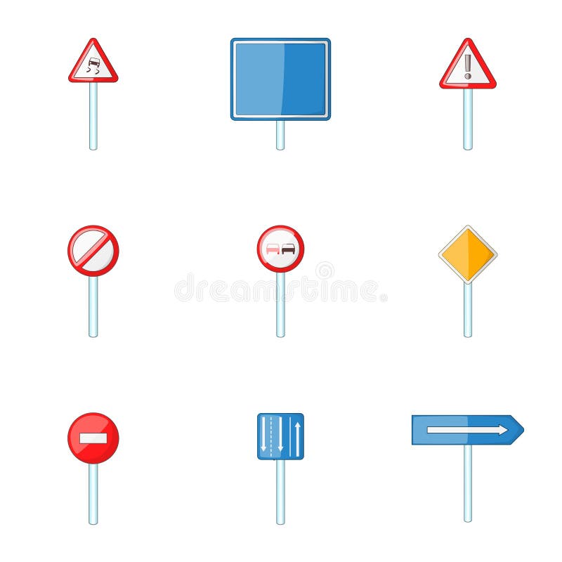 Road Sign Icons Set, Cartoon Style Stock Vector - Illustration of drive ...