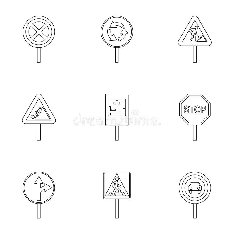 Road Sign Icons Set, Outline Style Stock Vector - Illustration of ...