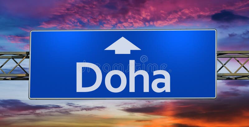 Road Sign Indicating Direction To the City of Doha Stock Image - Image ...
