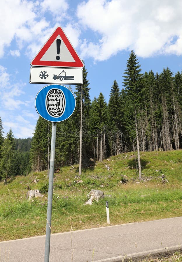 Road Sign Indicating the Mandatory Use of Snow Chains and Snowplow in ...