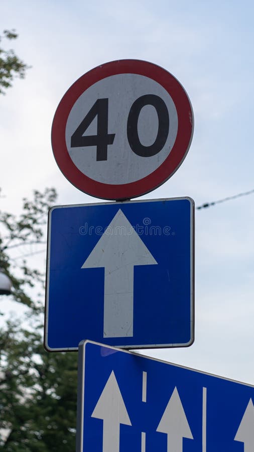Road Sign 40 Km Speed. One Way Sign. Stock Image - Image of miles ...