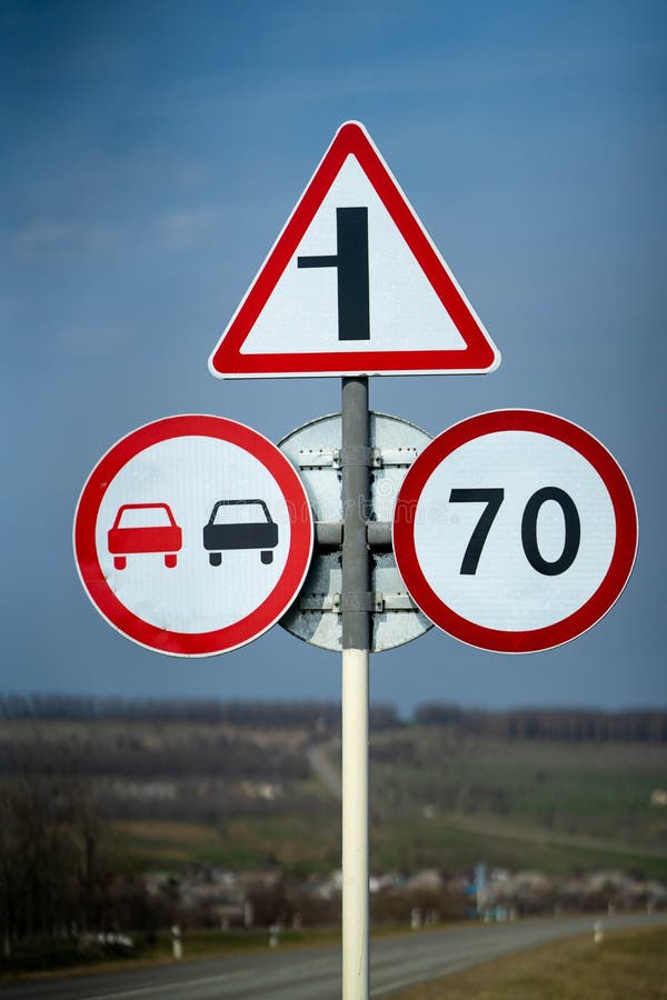 Road Sign Overtaking is Prohibited. Road Sign Speed Limit 70 Km Per ...