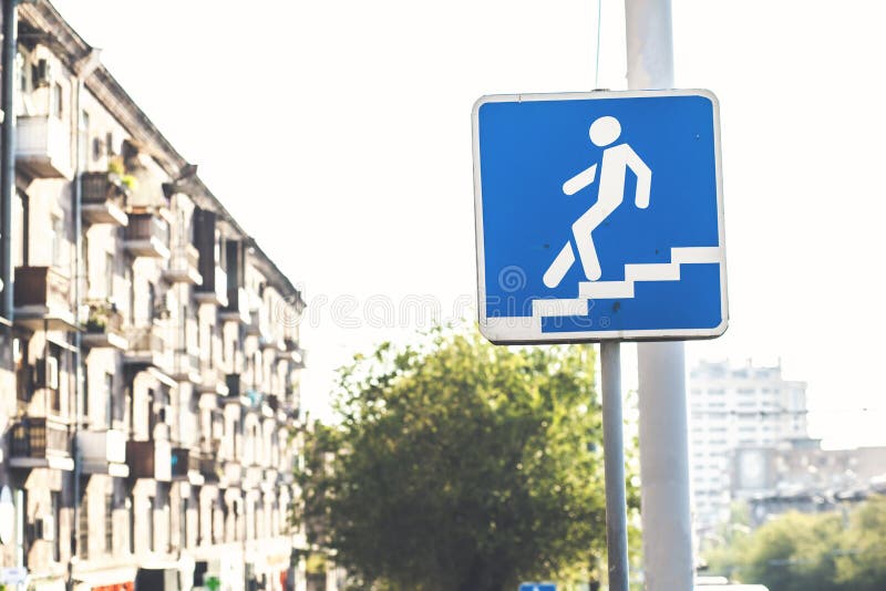 Road Sign Pedestrian Underpass Against the Blue Sky. Stock Photo ...