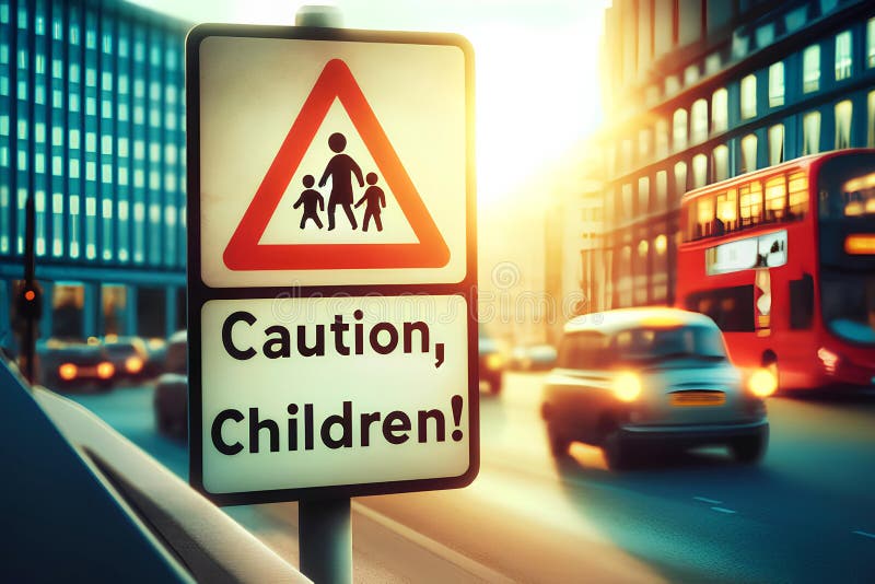 A Road Sign that Reads Caution, Children in Front of a Busy Road Stock ...